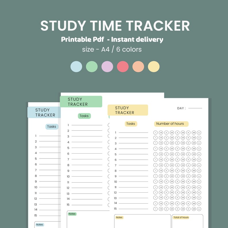 Study Time Tracker 6 colours printable Pdf Student Time | Etsy