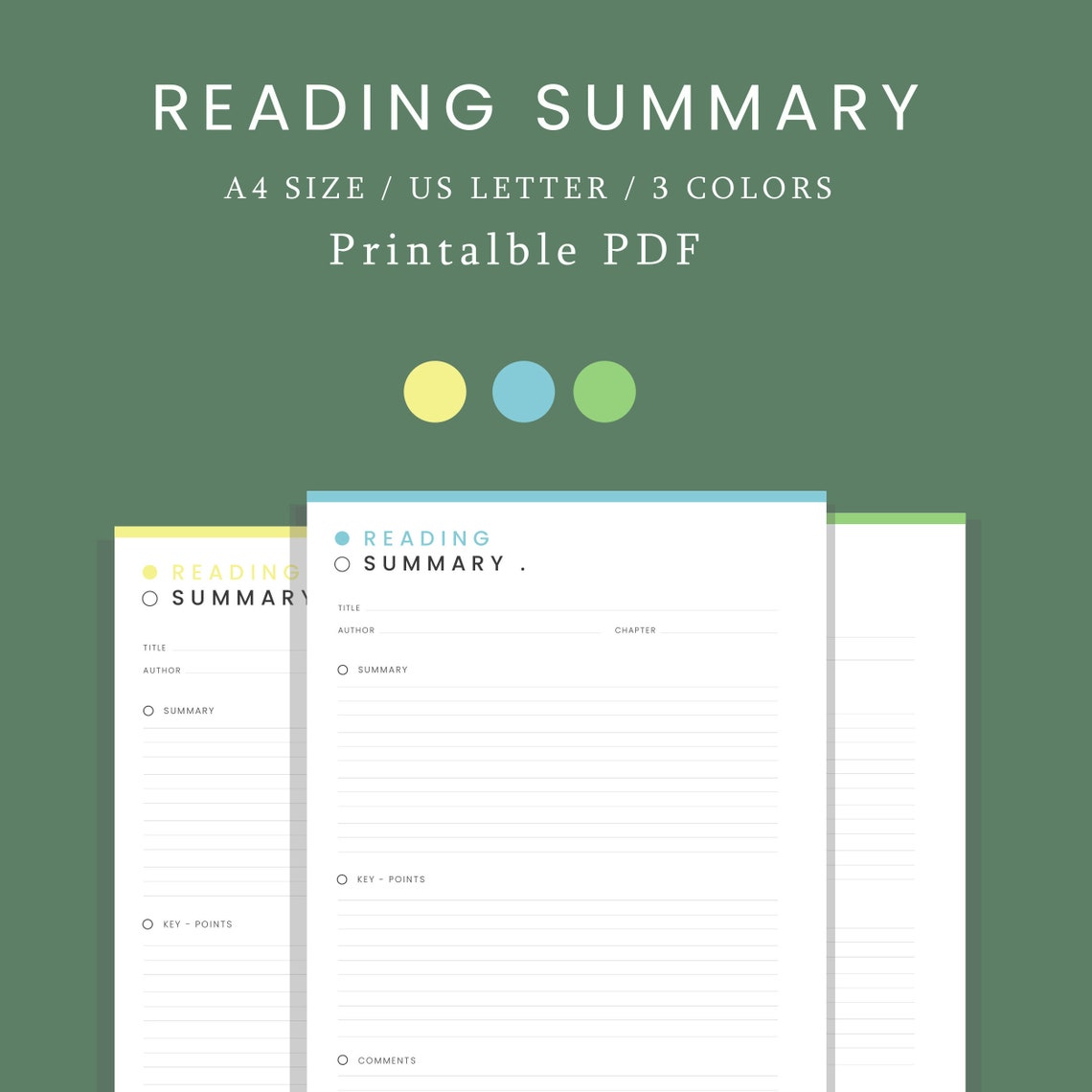 Reading Summary Printable PDF Reading keeper 3 colors | Etsy
