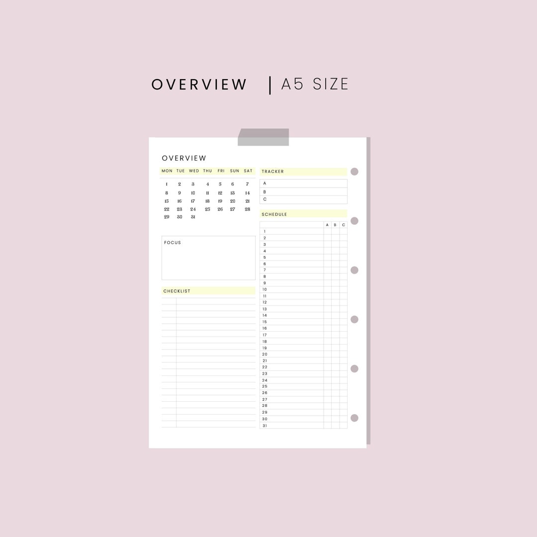 Monthly Overview Printable A5 Planner Inserts, Month on a Page, Month ...