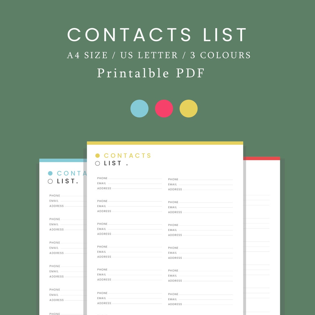 Printable Contacts List A4 US Letter Size, Friends Contacts, Contact ...