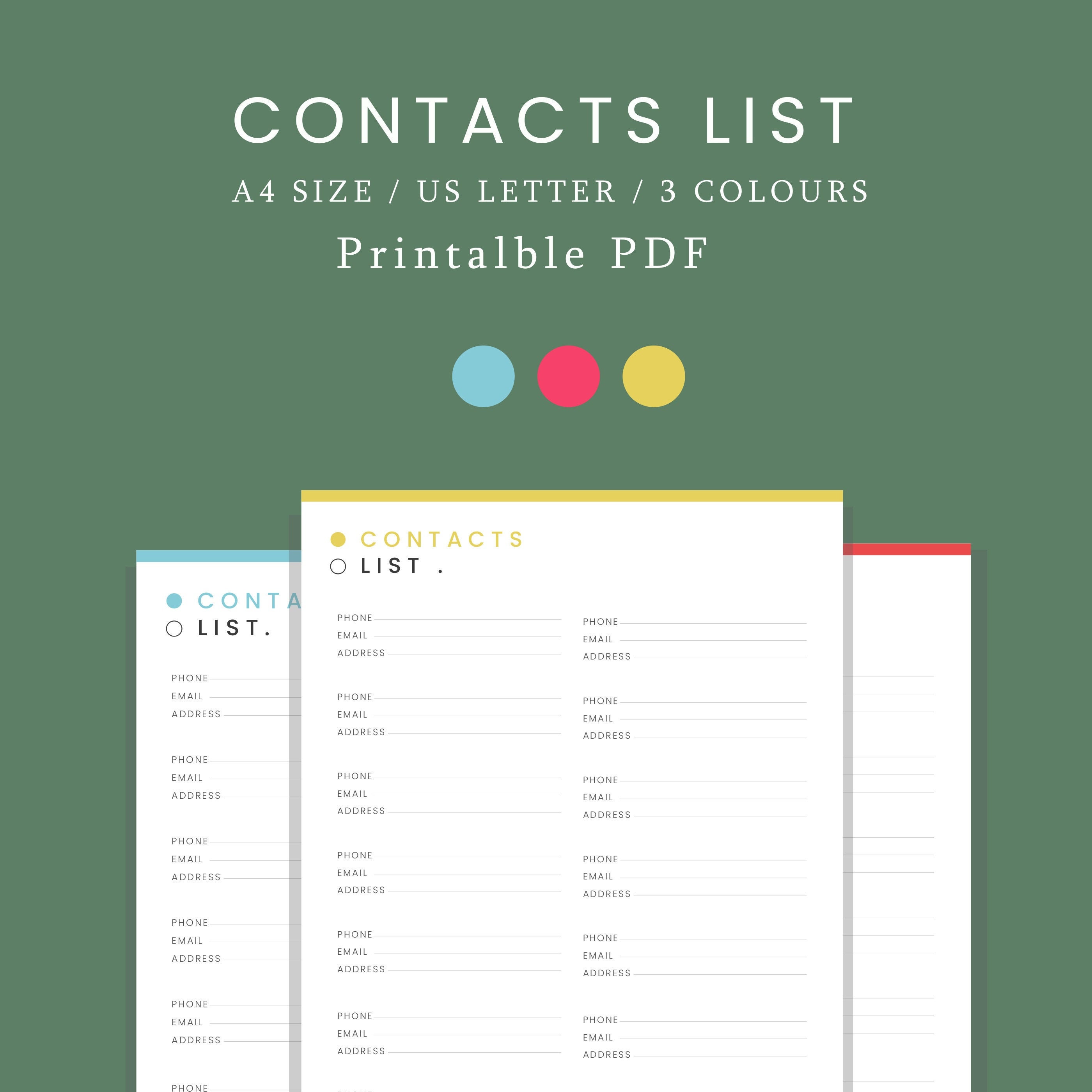 Printable Contacts List A4 US Letter Size, Friends Contacts, Contact ...