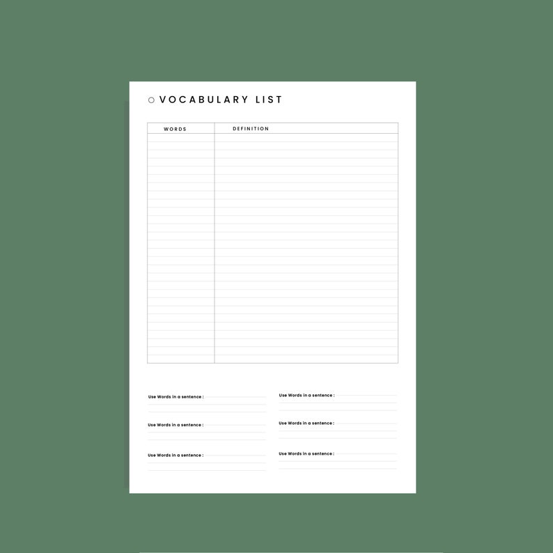 Printable Vocabulary List - Language Study - Language Study Planner ...