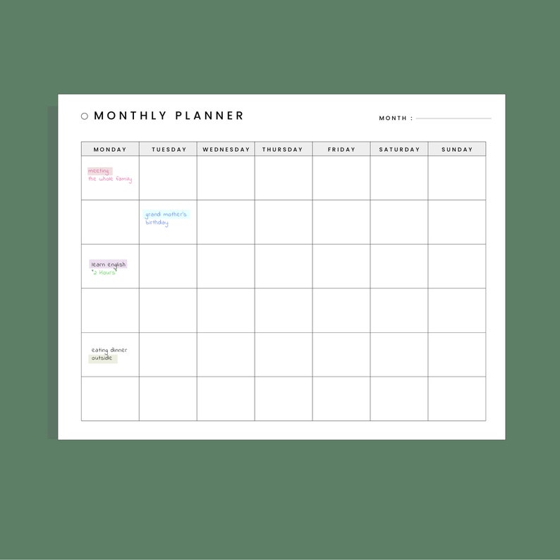 Printable Monthly Planner Landscape Monthly Planner Instant | Etsy
