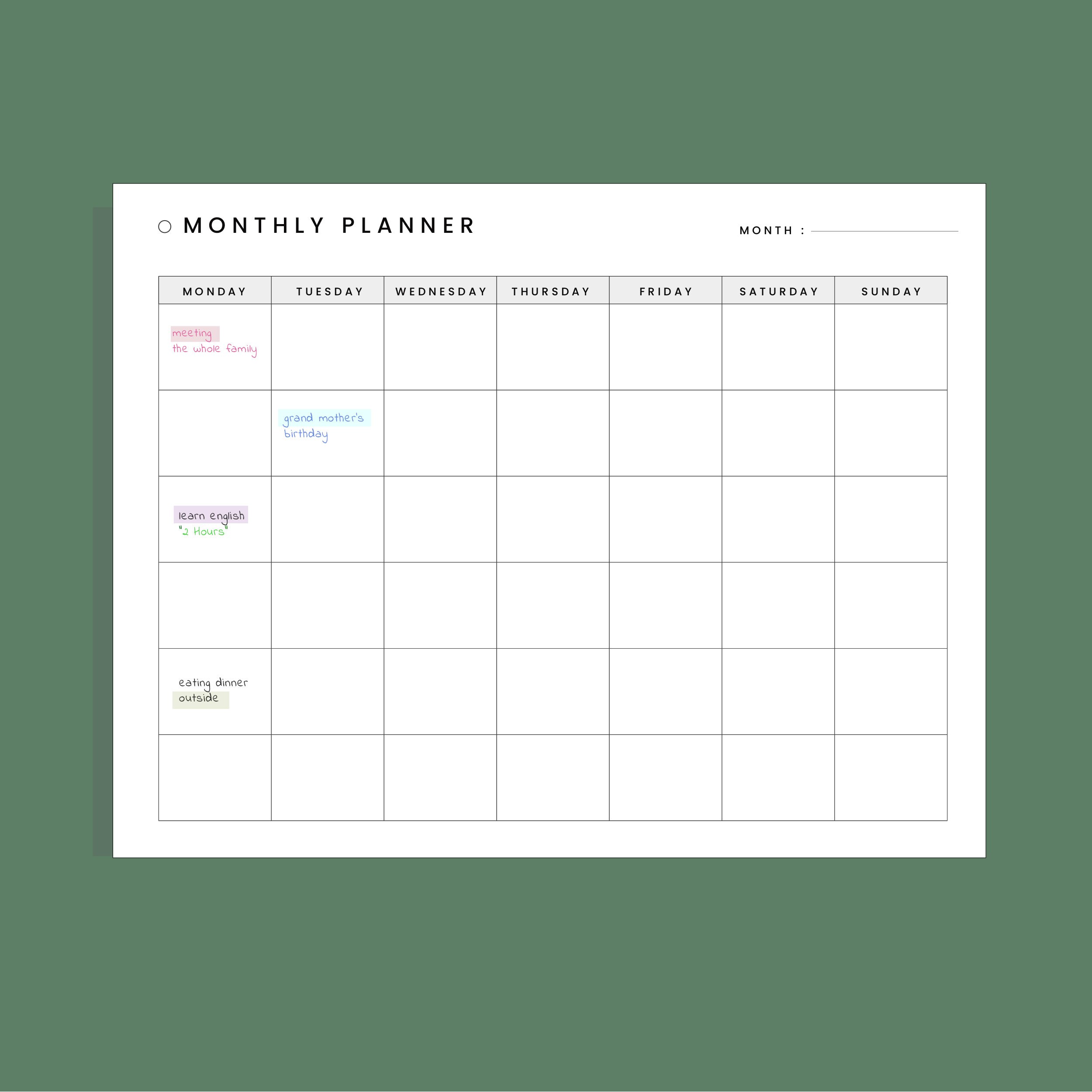 Printable Monthly Planner, Landscape Monthly Planner, Instant Download ...