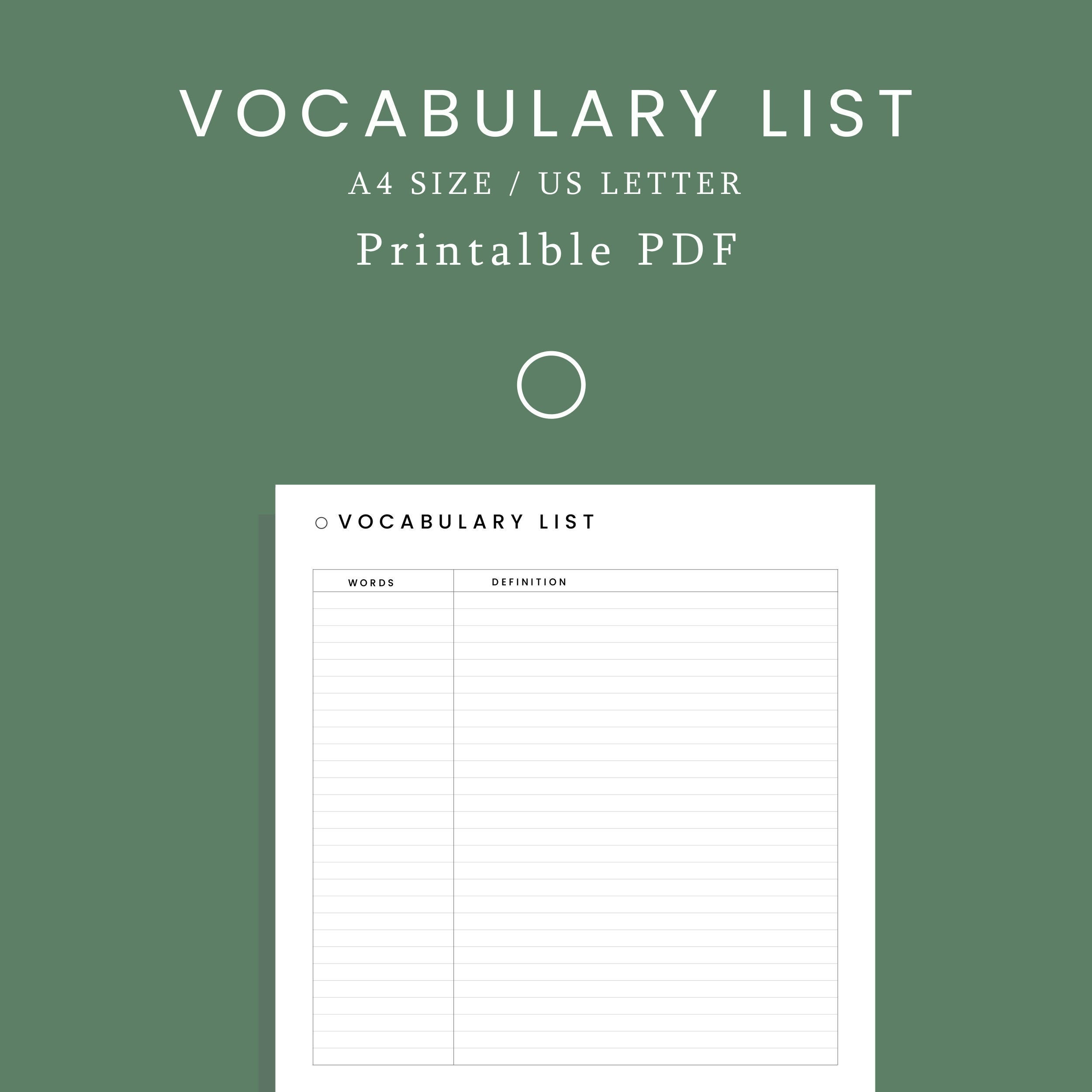 Printable Vocabulary List - Language Study - Language Study Planner ...