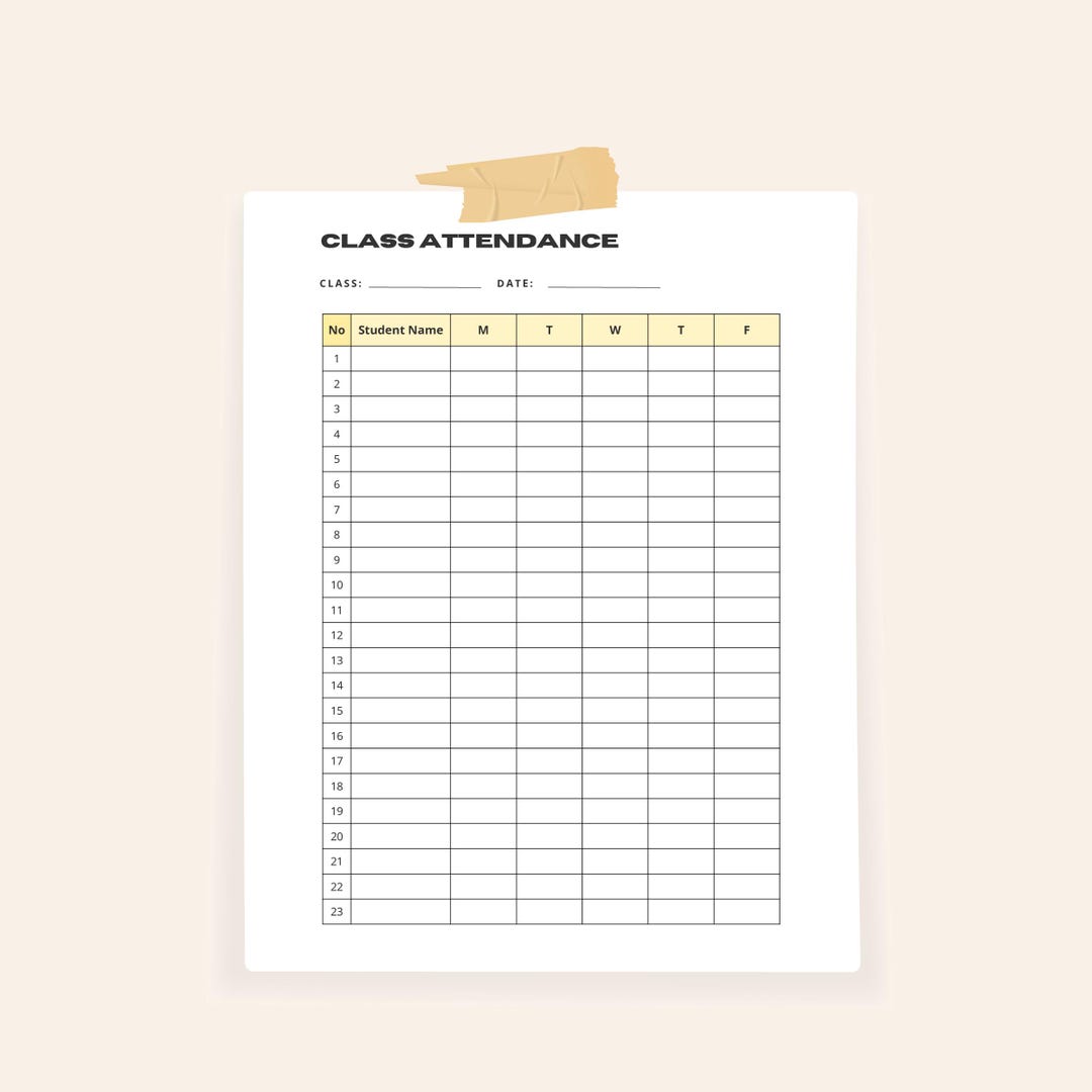 Class Attendance Tracker Printable Sheet for Student Names + Daily ...