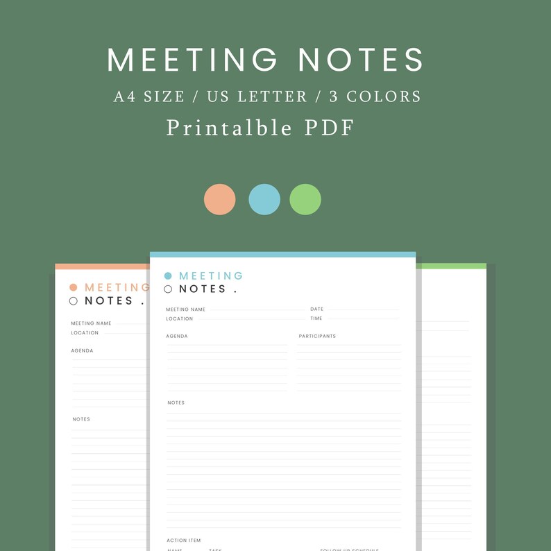 Printable Meeting Notes -meeting Worksheet - 3 Colors Meeting Notebook ...