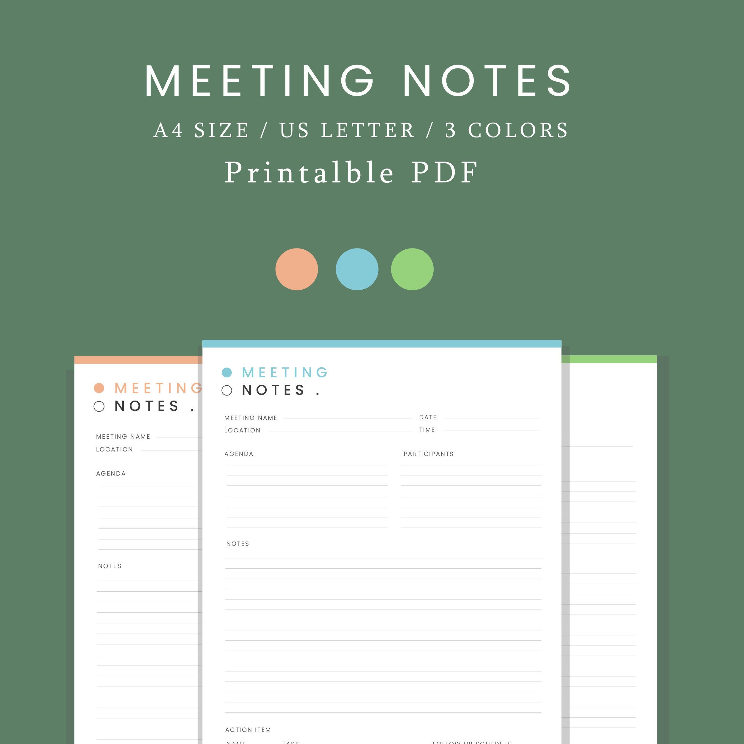 Printable Meeting Notes -meeting Worksheet - 3 Colors Meeting Notebook ...