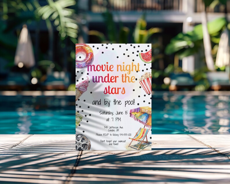 Movie Night by the Pool Party Invitation, Splash Party Invite, Summer ...