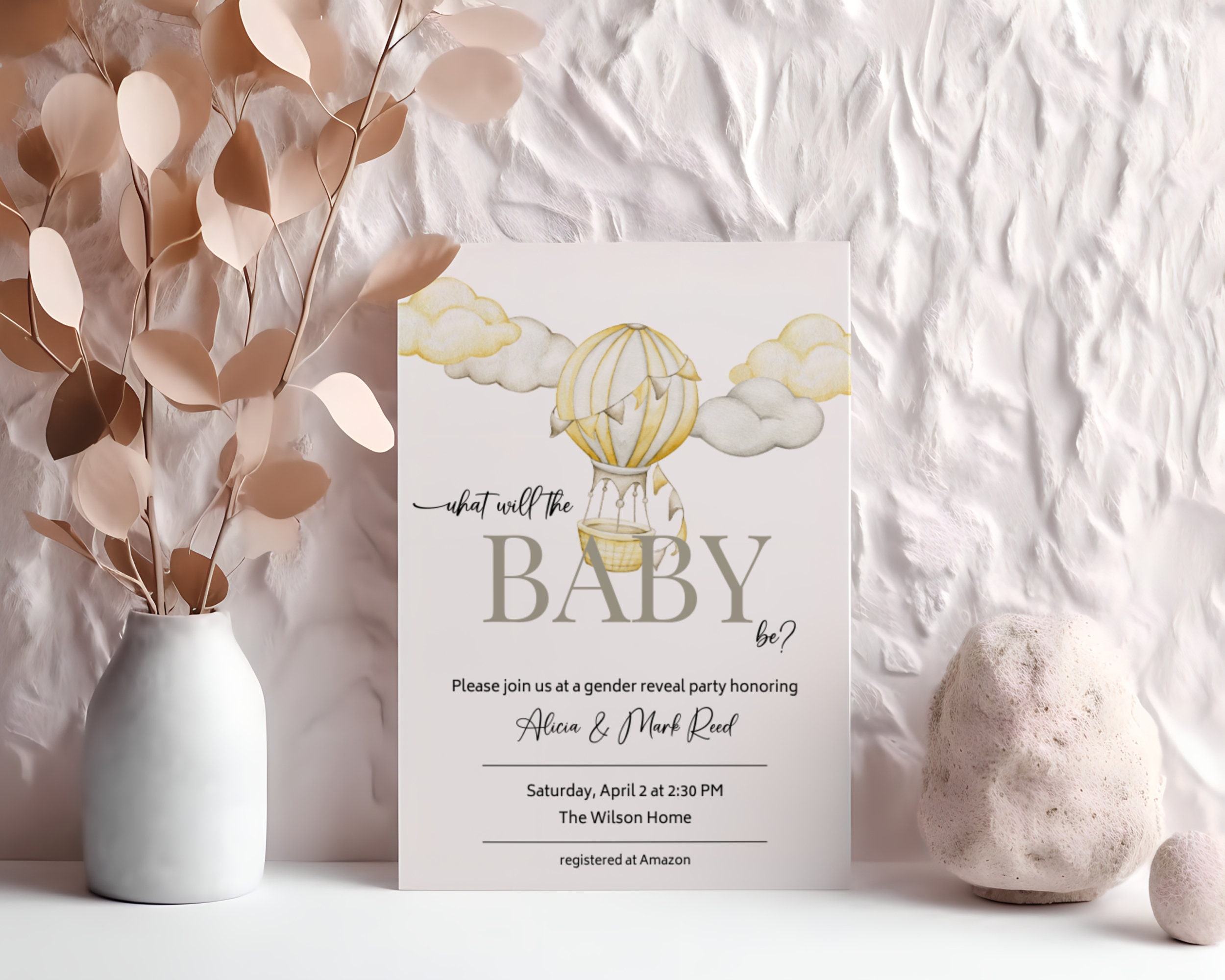 Gender Reveal Party Invitation, Cloud Invite, Yellow Gray Hot Air Balloon Invite, Printable ...