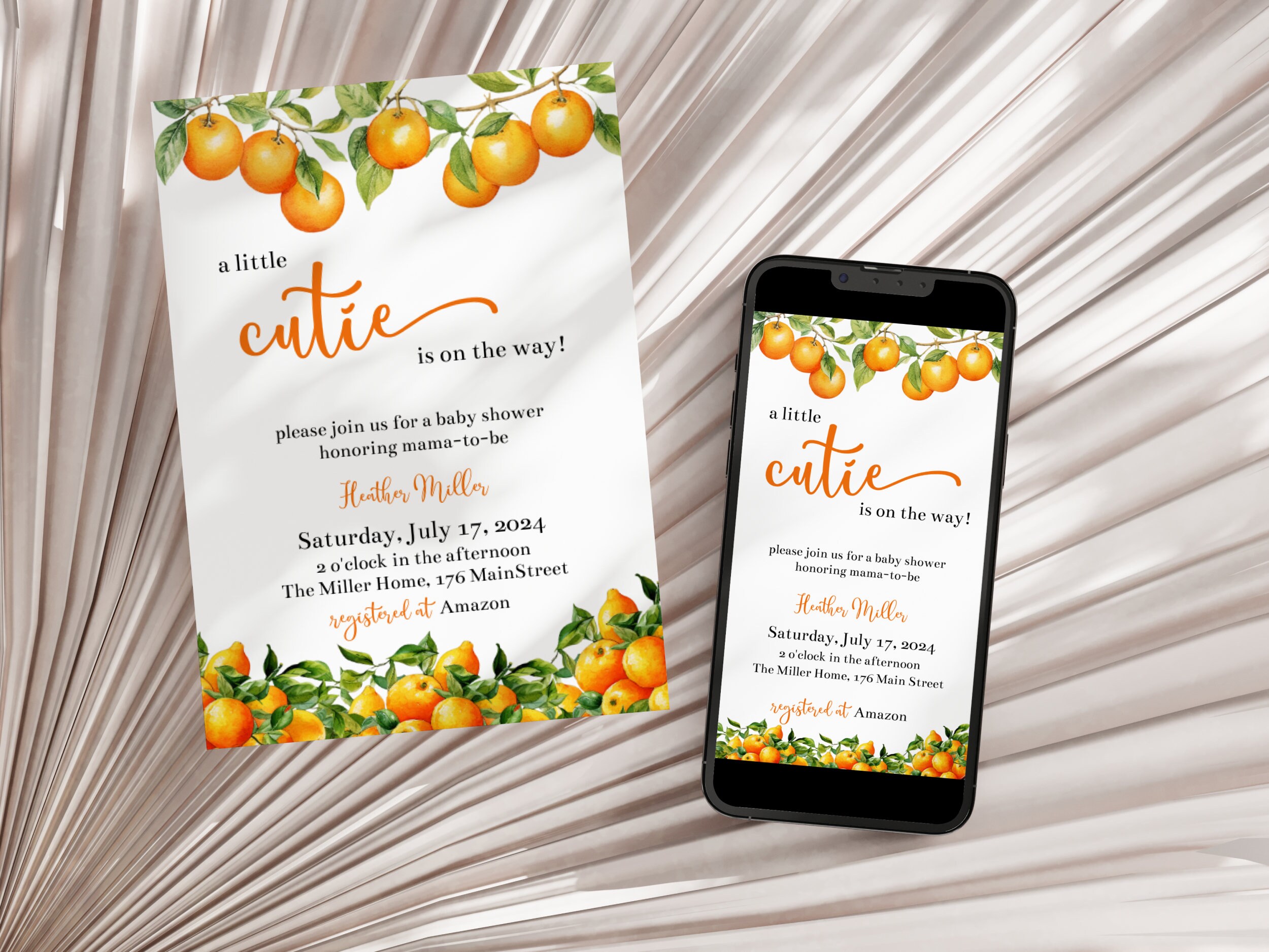 Little Cutie Baby Shower Invitation Bundle, Mandarin Orange Gender ...