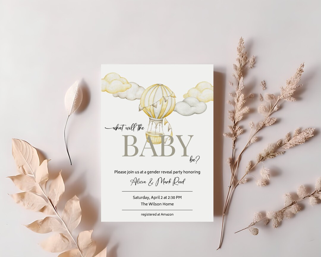 Gender Reveal Party Invitation, Cloud Invite, Yellow Gray Hot Air ...