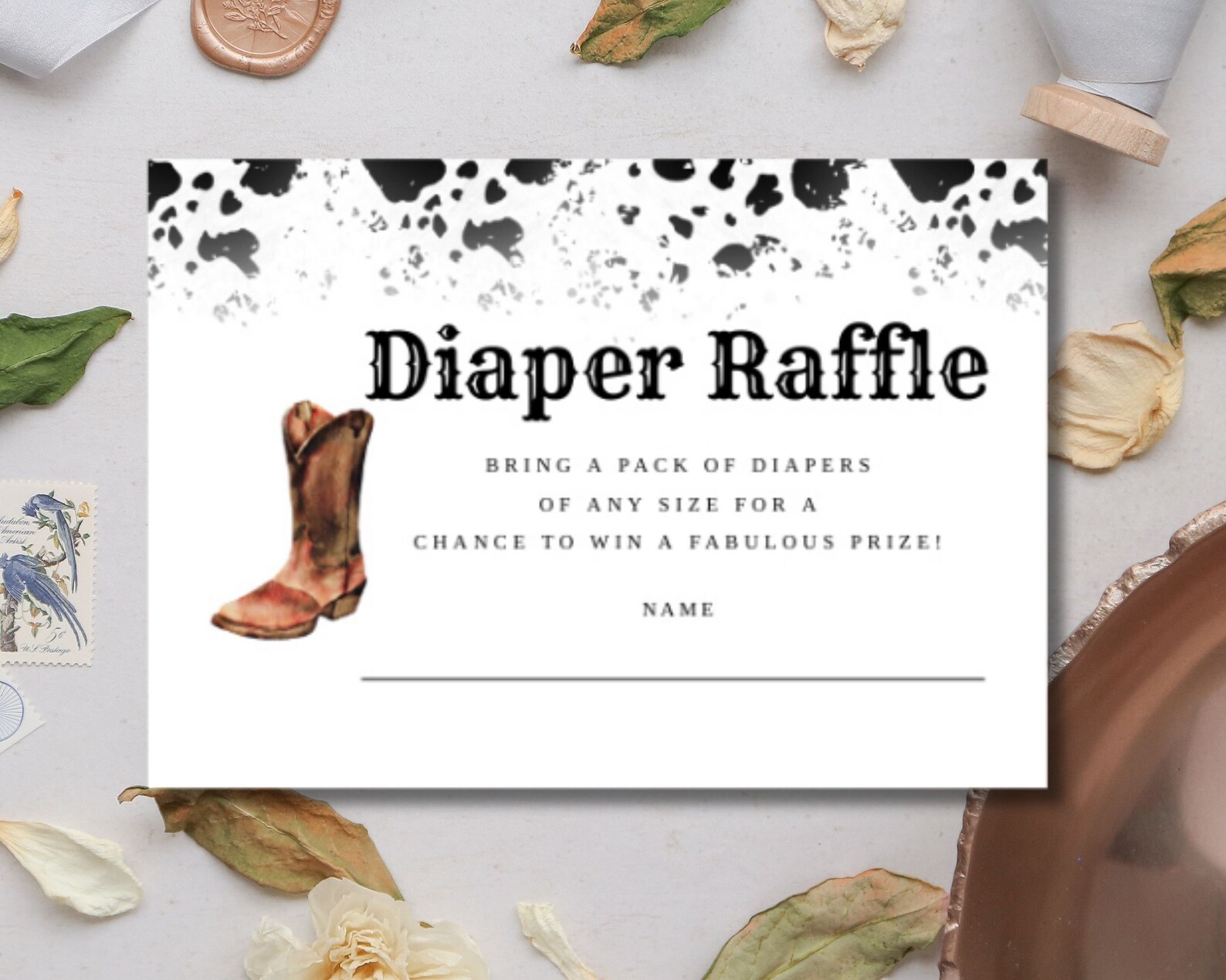 Little Cowboy Diaper Raffle Card, Western Baby Shower, Cow Print Diaper ...