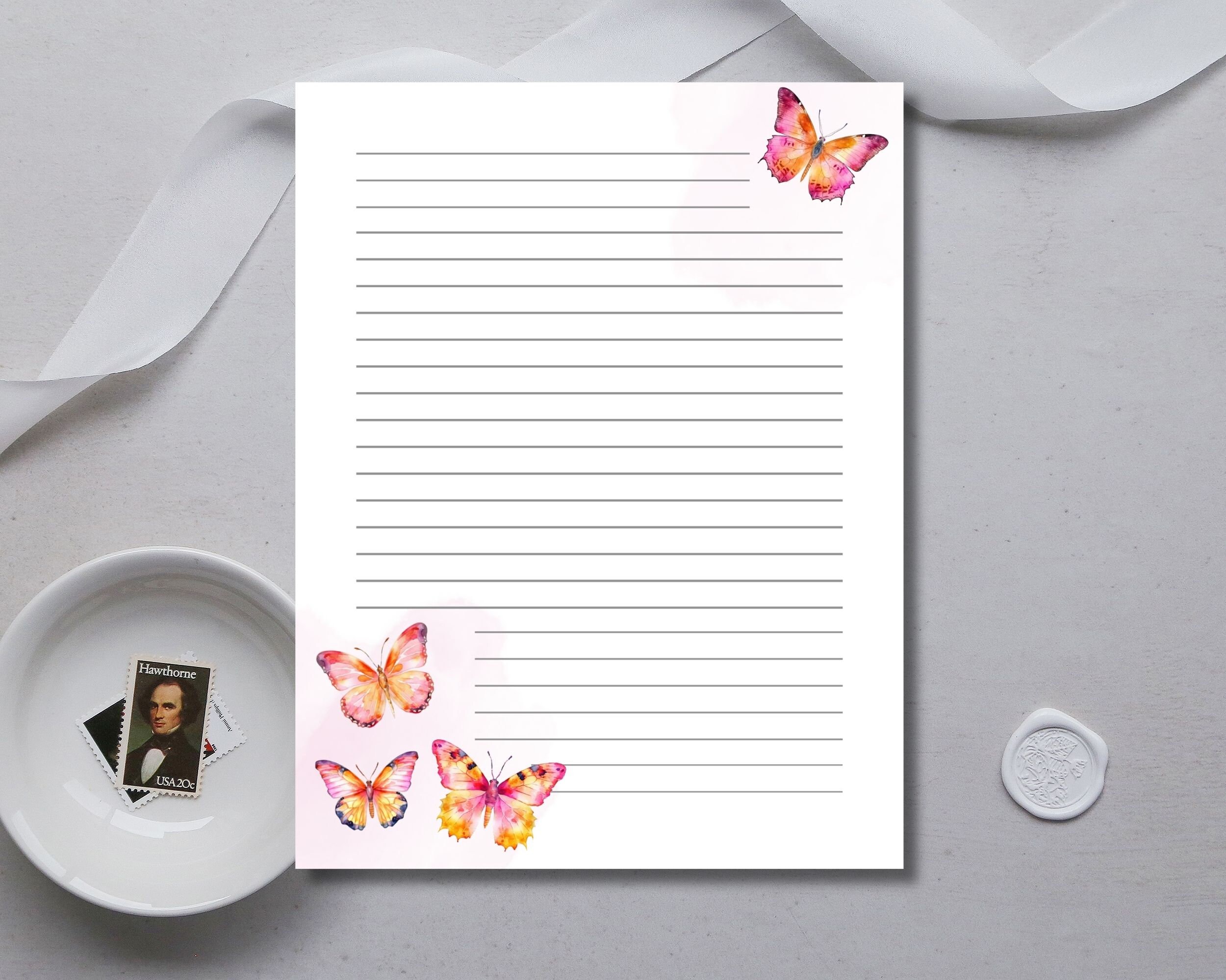 Pink Butterfly Stationery, 8.5x11, JW Letter Writing, Note Paper, Lined ...