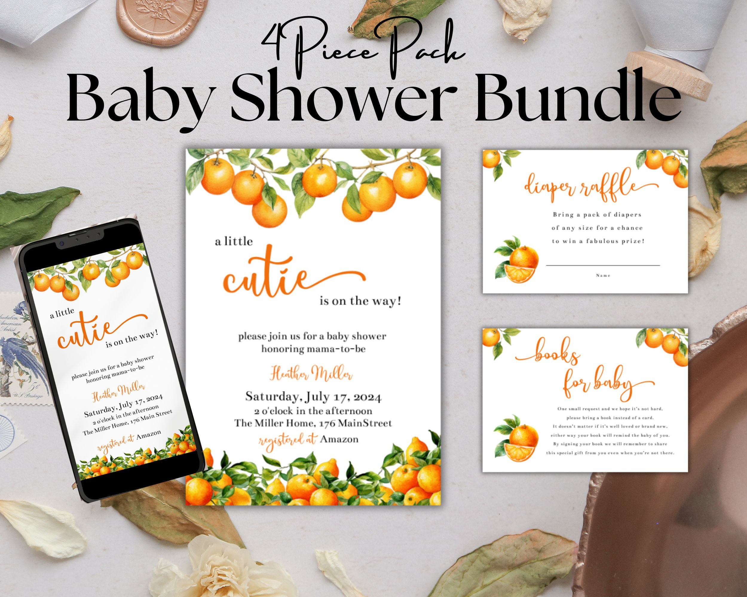 Little Cutie Baby Shower Invitation Bundle, Mandarin Orange Gender ...