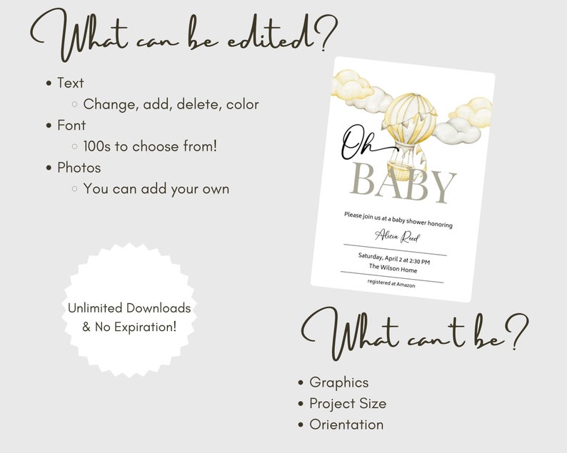 Oh Baby Shower Invitation, Yellow Hot Air Balloon Invite, Digital Invite, Editable, Paperless ...