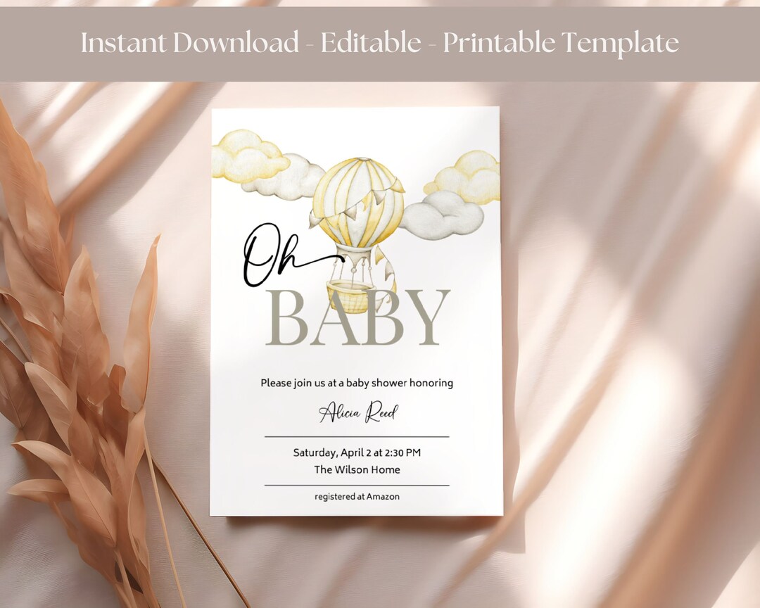 Oh Baby Shower Invitation, Hot Air Balloon Shower Invite, Travel, Adventure Awaits, Gender ...