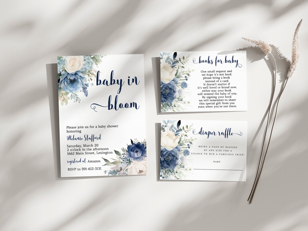 Dusty Blue Baby in Bloom Baby Shower Invite Bundle, Floral Invitation ...