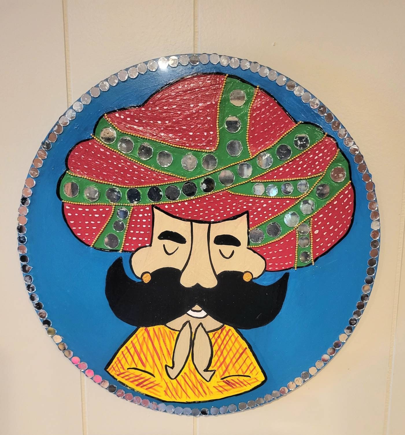 Round Indian Wall Hanging, Decor, Rajasthani Man, Ram Ram Sa, Khamma Ghaani, Namaste, Desi ...