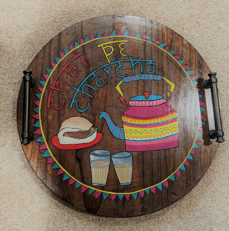 Round Decorative Tray, Charcuterie, Hand Painted, Indian Style Décor ...
