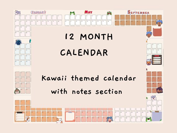 12 Month Calendar Kawaii Themed Digital Download Printable - Etsy