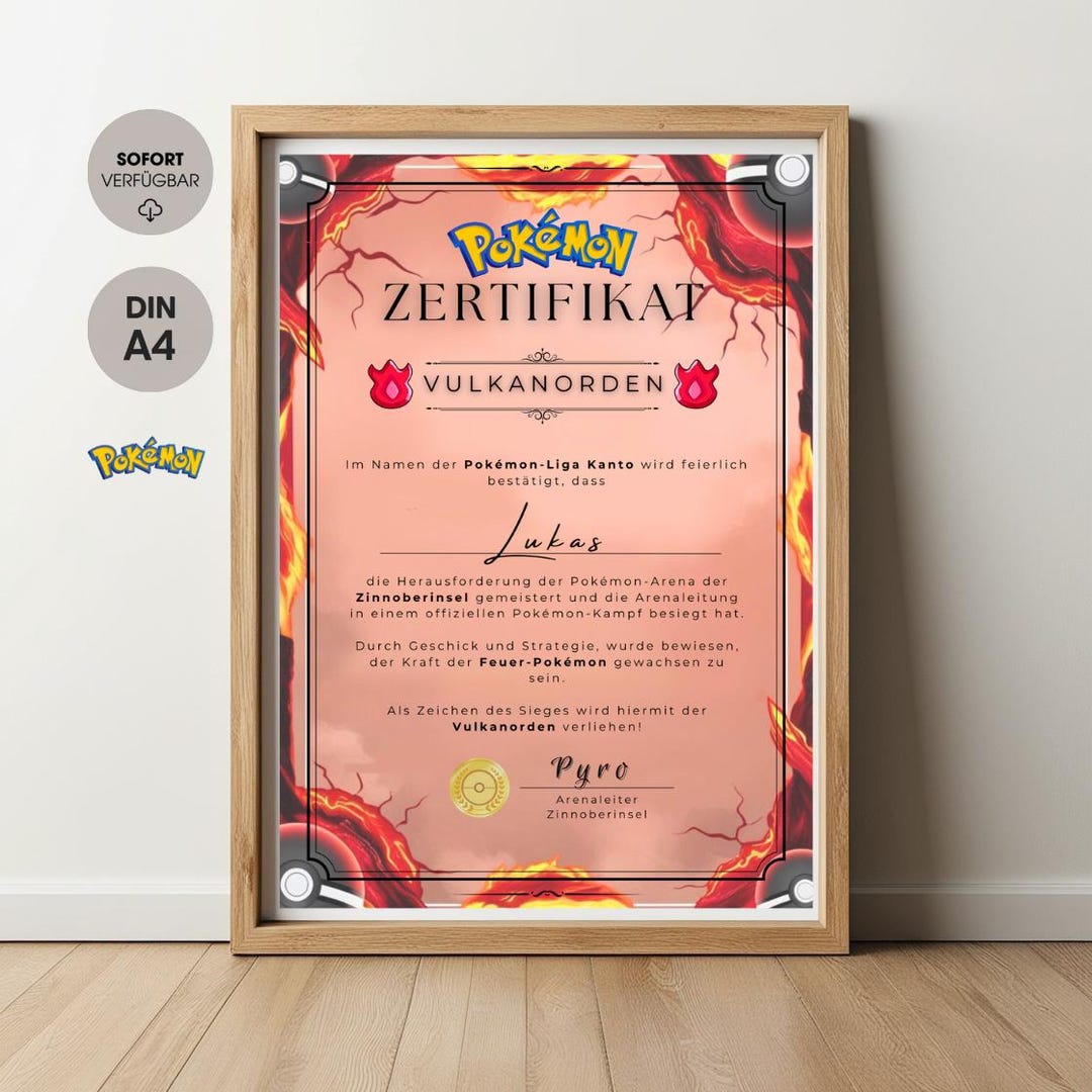 Certificate | Pokémon Volcano Badge Trainer Certificate | Gym Badge ...