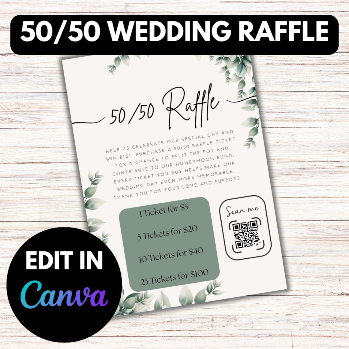 Editable Wedding 50/50 Raffle Canva Template | Wedding Canva Template ...