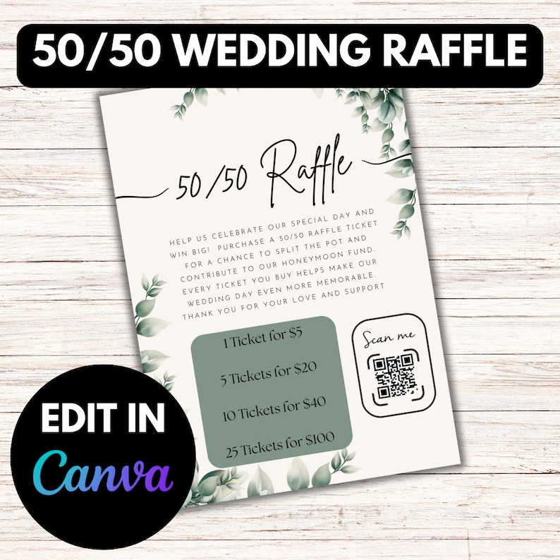 Elegant Wedding 50/50 Raffle Flyer: Editable Canva Template (PDF ...