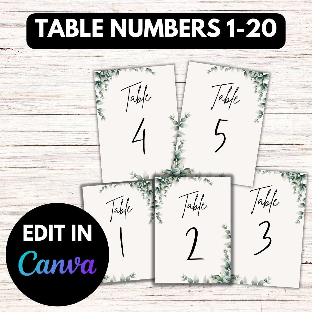 Editable Eucalyptus Wedding Table Numbers: Canva Template (4x6 & 5x7 ...