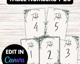 Editable Eucalyptus Wedding Table Numbers: Canva Template (4x6 & 5x7 ...