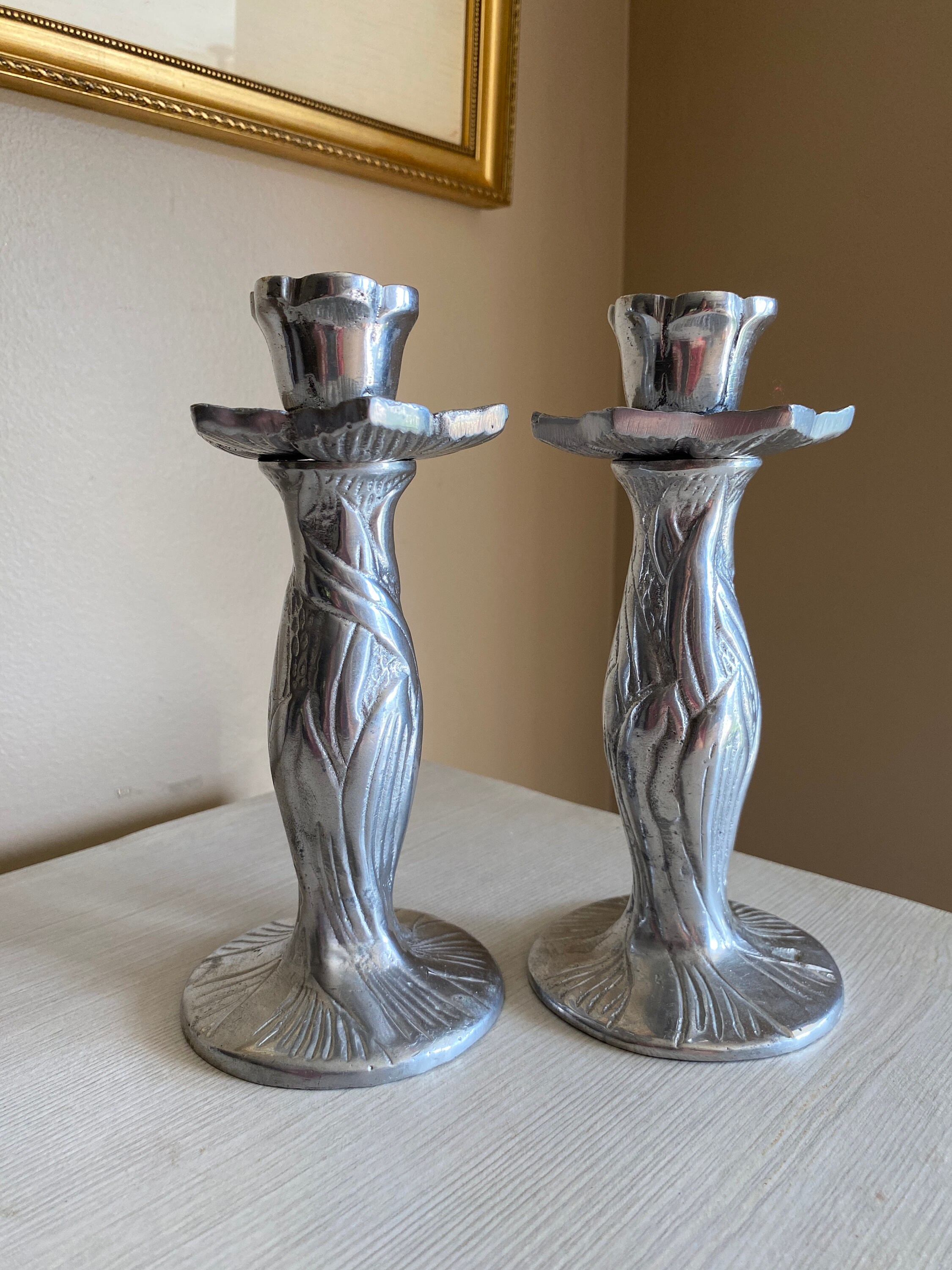 Vintage Pair of 7" Pewter Flower W/stem Leaves Candle Holders - Etsy