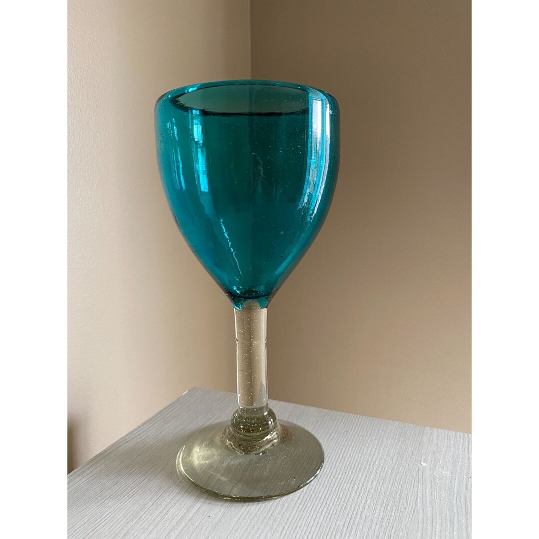Heavy Aqua Luster Blue Glass Goblet Cup With Clear Luster Stem and Base ...