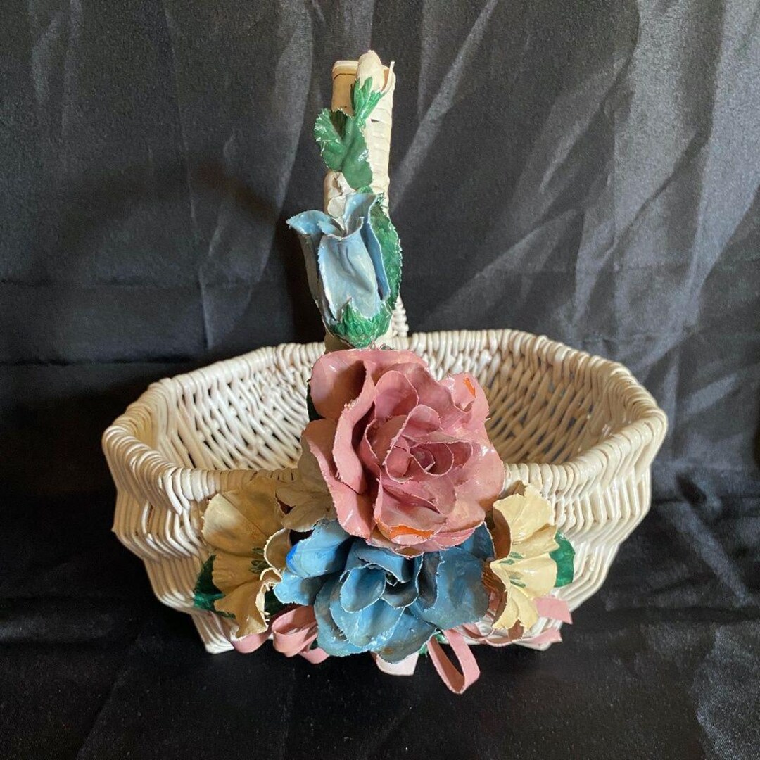 White Cottage Core Basket With Handle Blue Yellow Pink Florals - Etsy