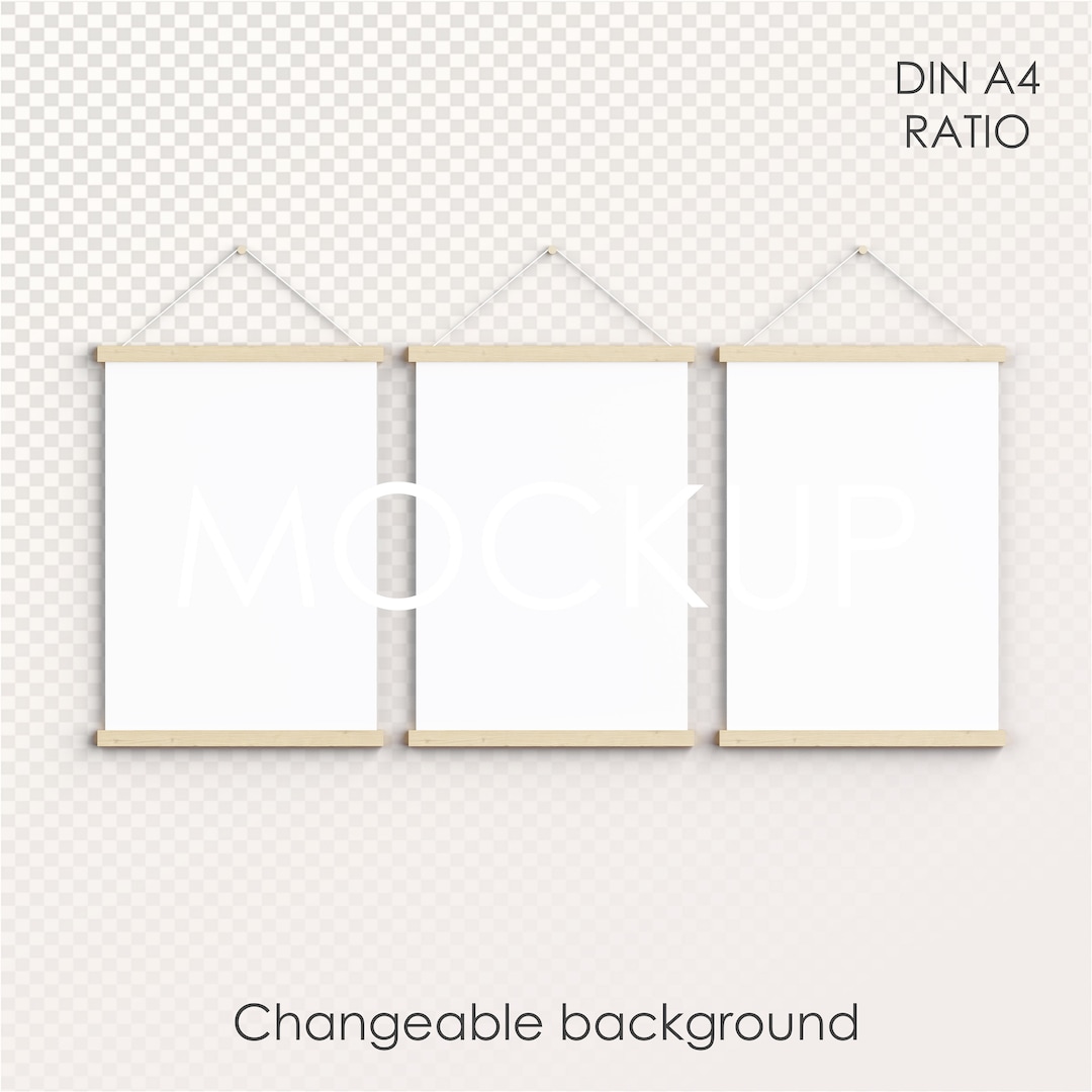 Three Magnetic Poster Bar Mockup, Wooden Hanging Poster Frame, Poster ...