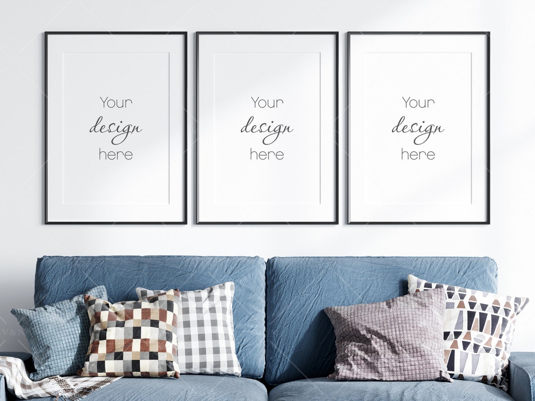 Living Room Frame Mockup, 3 Minimalist Frames Mockup, Three Vertical ...