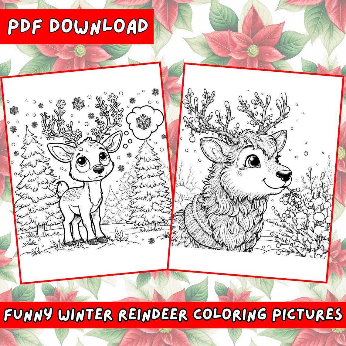 Funny Winter Reindeer Coloring Pages - 10-page PDF Bundle | Holiday ...
