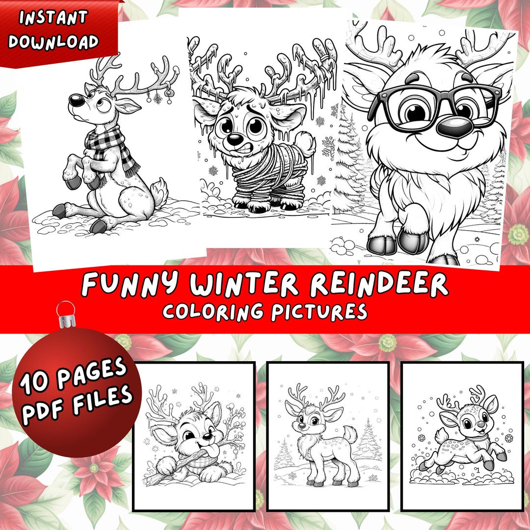 Funny Winter Reindeer Coloring Pages - 10-page PDF Bundle | Holiday ...