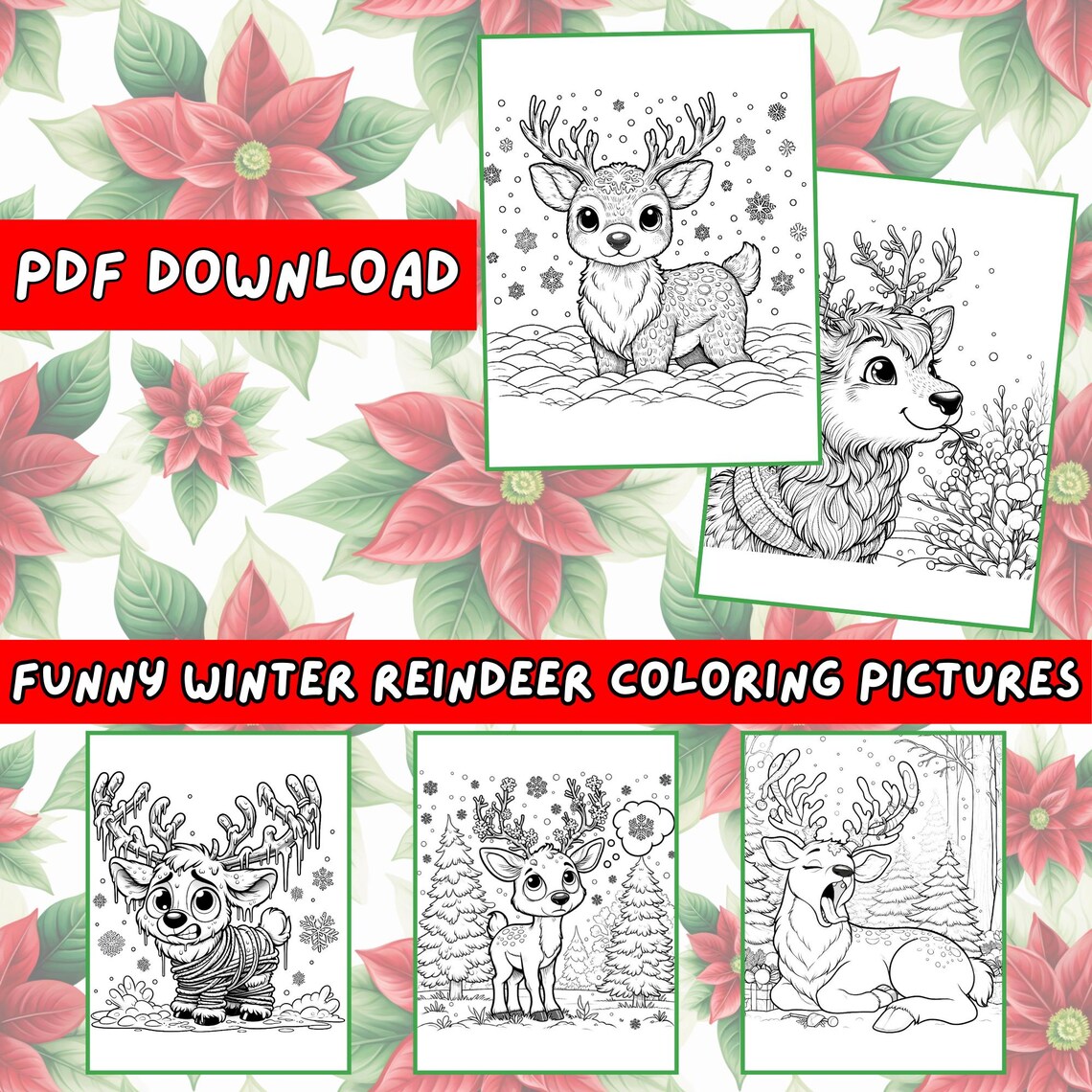 Funny Winter Reindeer Coloring Pages - 10-page PDF Bundle | Holiday ...