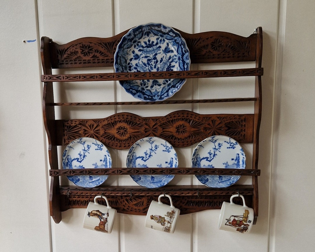 Antique Oak Hanging Plate Rack Wall Shelves 1880s Plate Rack Wall ...