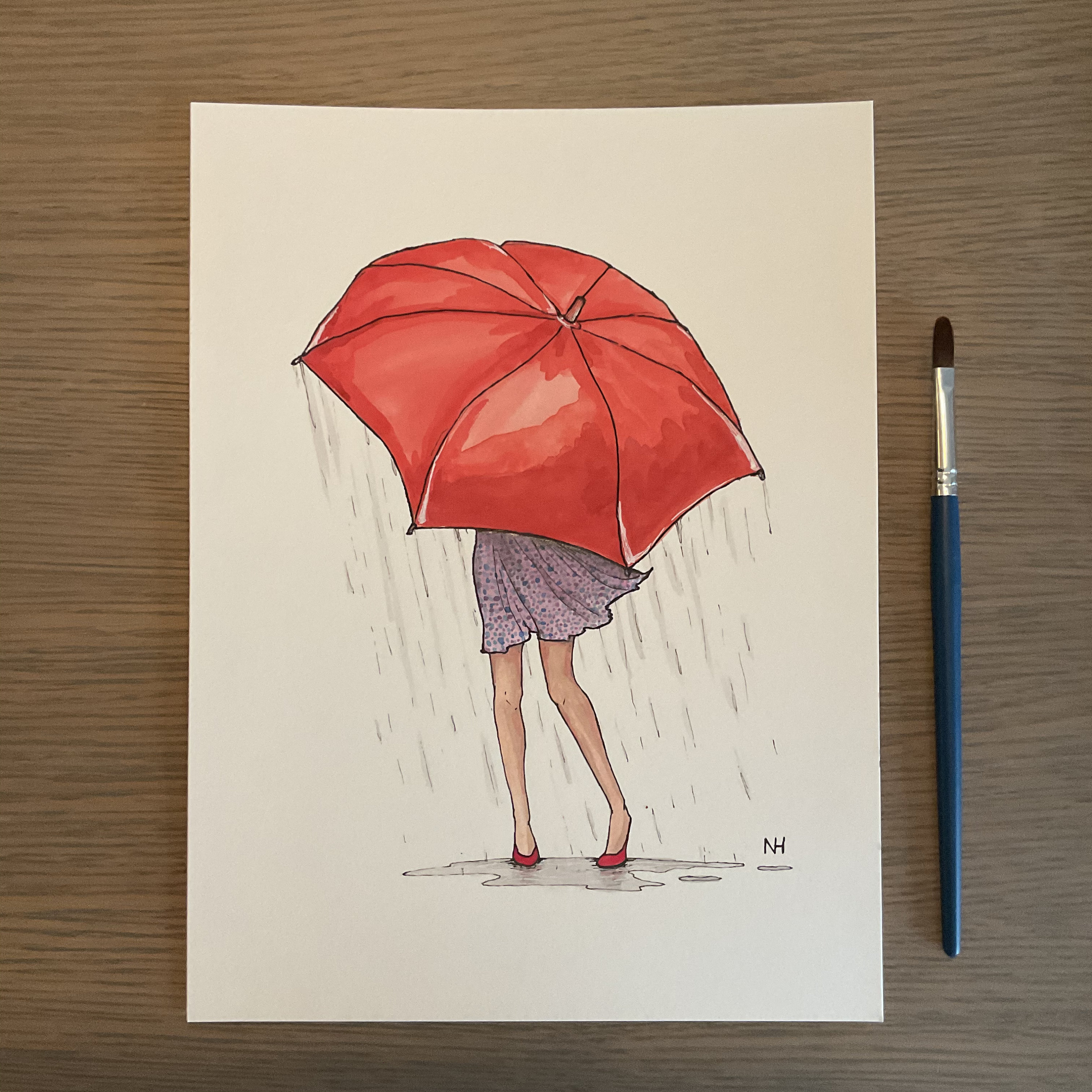 Girl With Umbrella In Rain Drawing