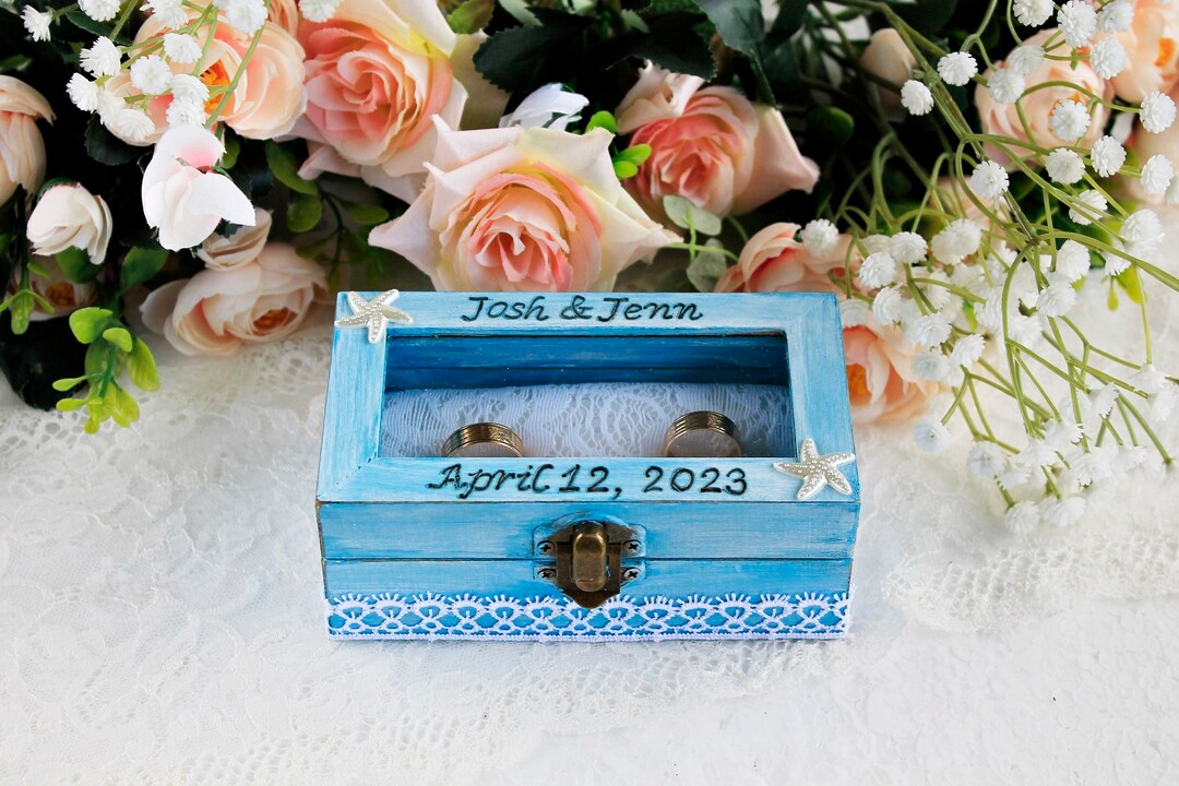 Blue Wedding Ring Box, Beach Ring Bearer, Nautical Ring Box, Shabby ...