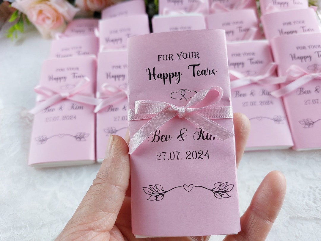 Pink Wedding Tissue Packs, Personalized Tears of Joy Tissues, Custom Wedding Favors, Happy Tears ...