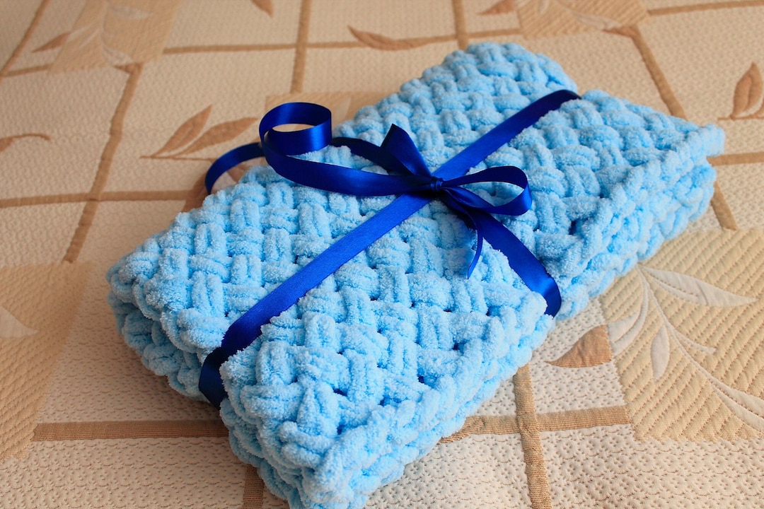 Soft Blue Crochet Baby Blanket – Handmade Puffy Throw, Newborn Photo ...