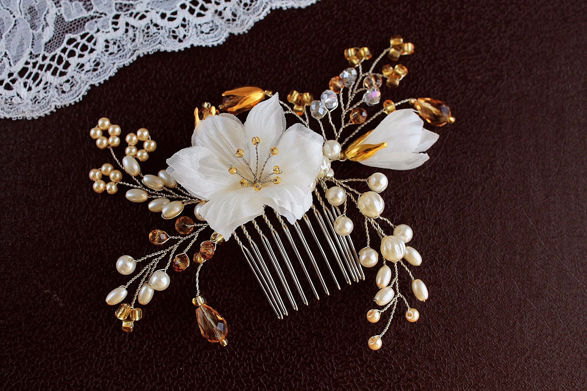 Ivory Flower Pearl Crystal Hair Comb Bridal Hair Jewelry | Etsy