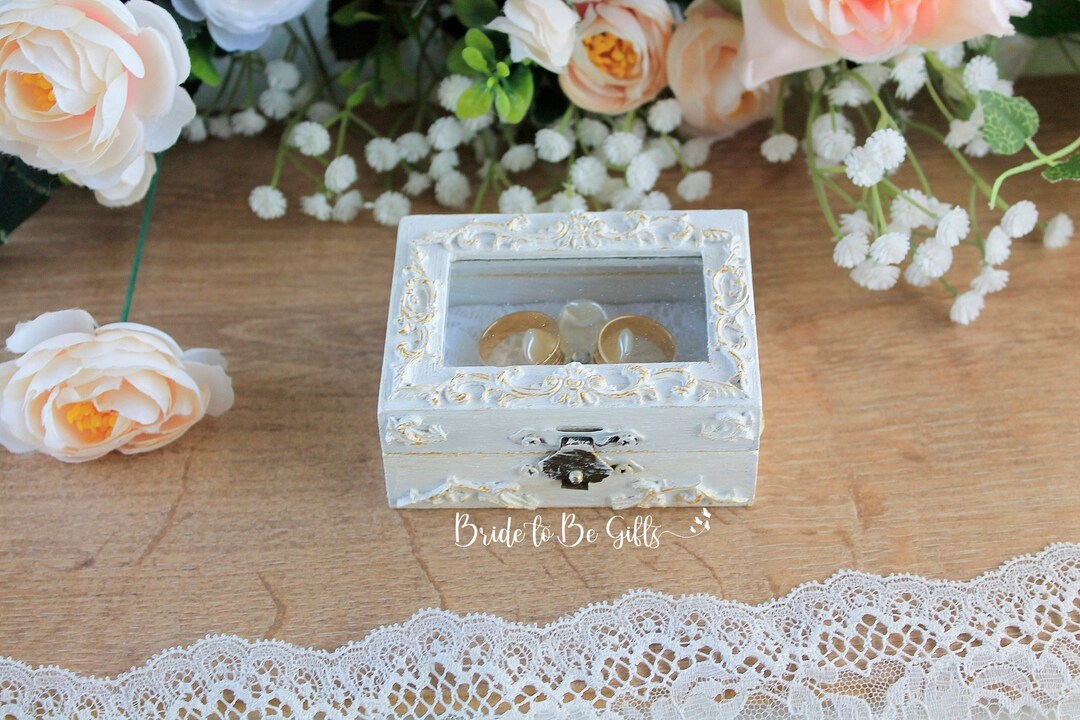 Shabby Chic Wedding Ring Box, Glass Cover Ring Bearer, Vintage Style ...