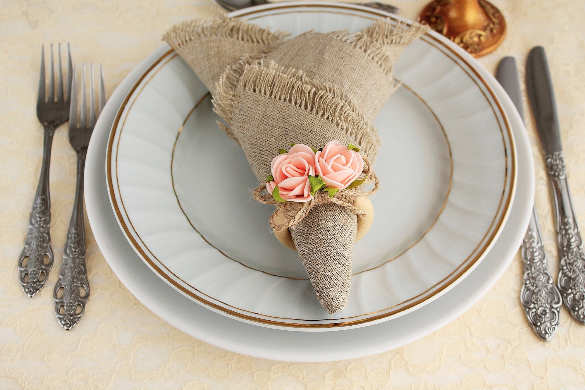 4 Psc Wood Napkin Rings Peach Rose Napkin Holders Woodland | Etsy