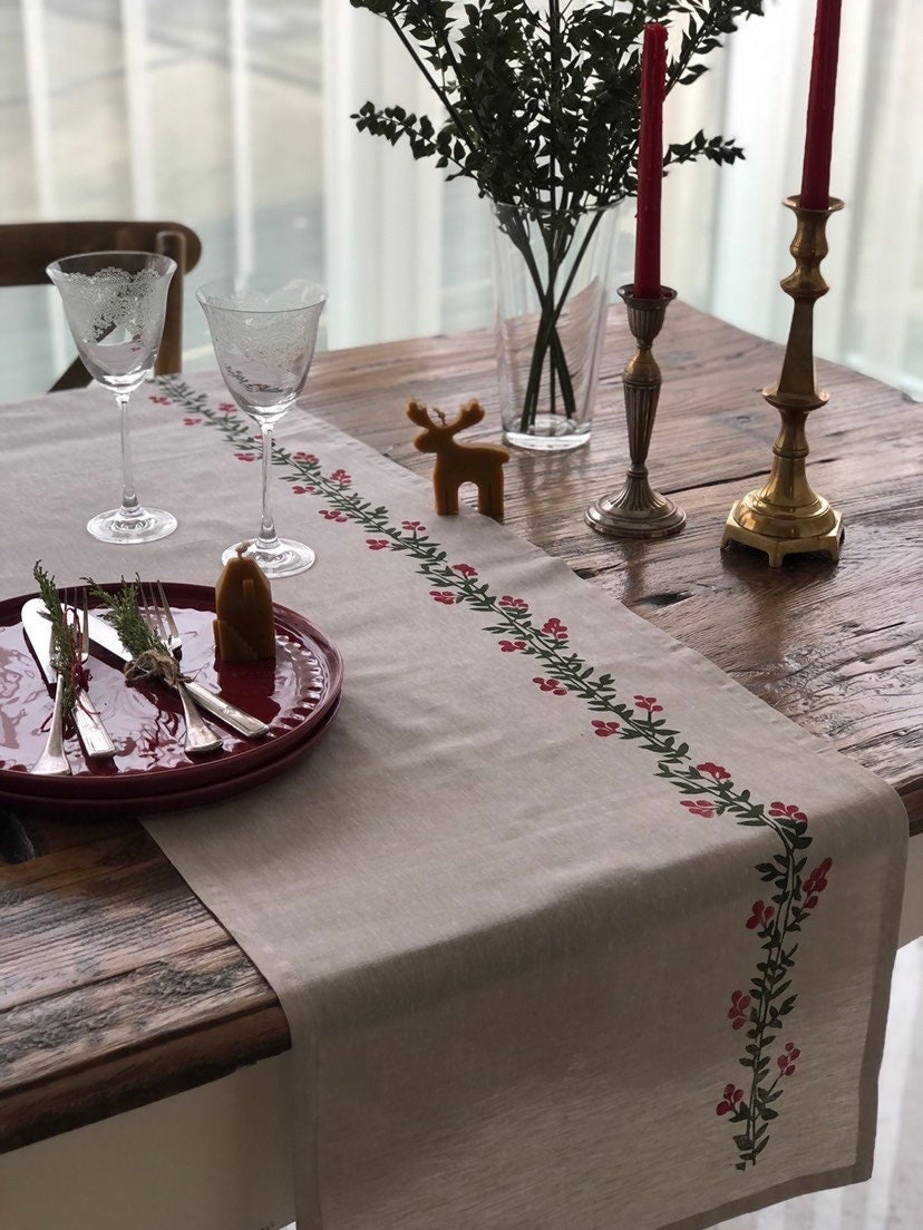 Holly Linen Table Runner, Handprinted Linen Table Runner, Gift Ideas ...