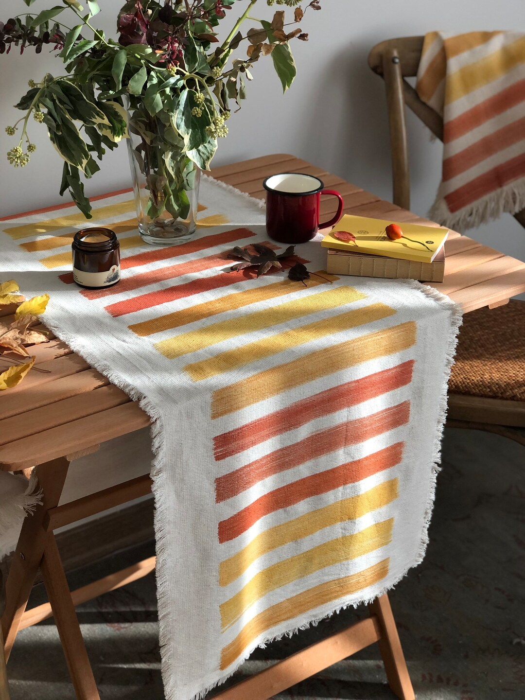Stripe Table Runner, Brick & Mustard Table Runner, Block Print Cotton Table Runner, Housewarming ...