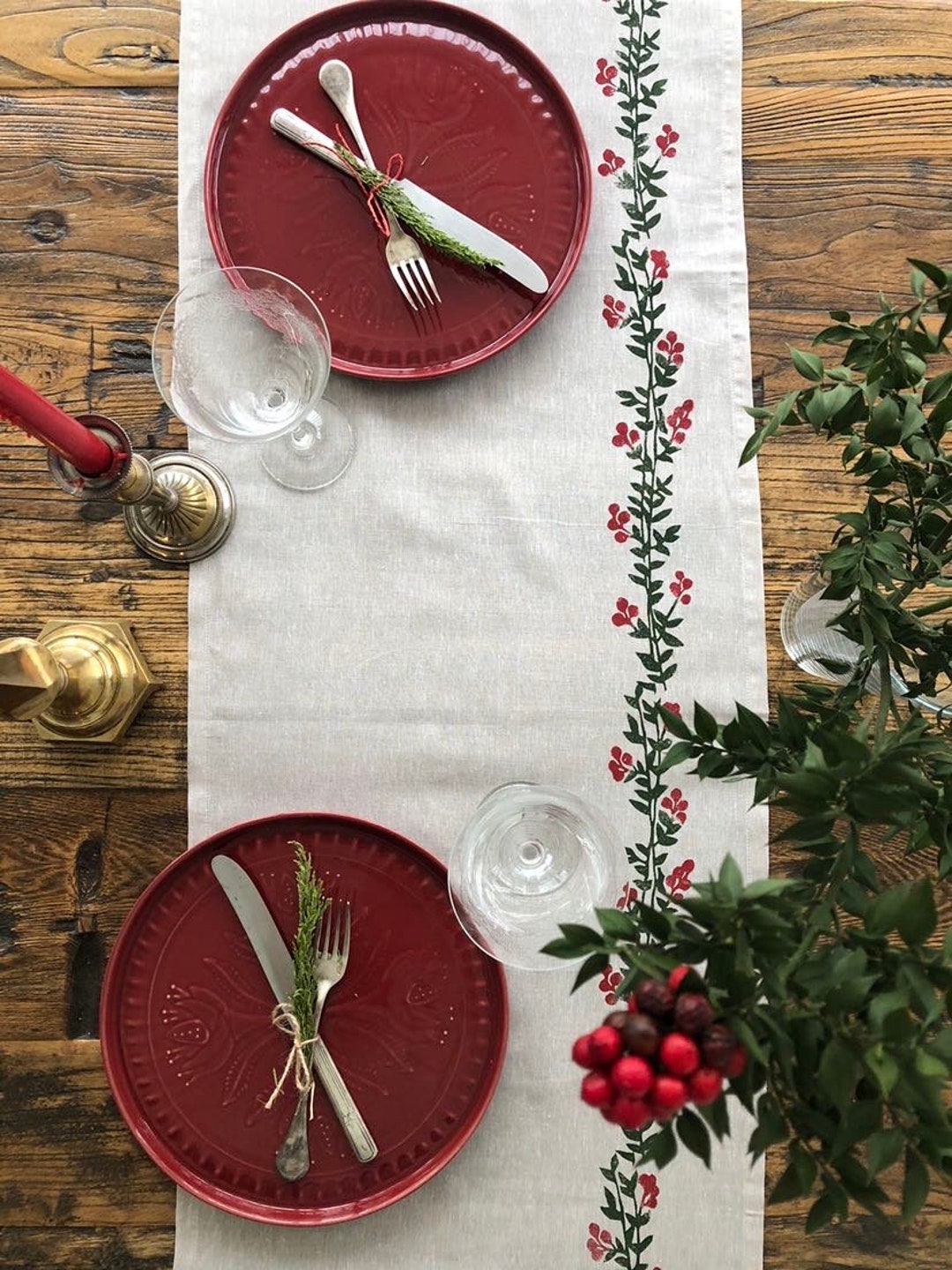 Holly Linen Table Runner, Handprinted Linen Table Runner, Thanksgiving ...