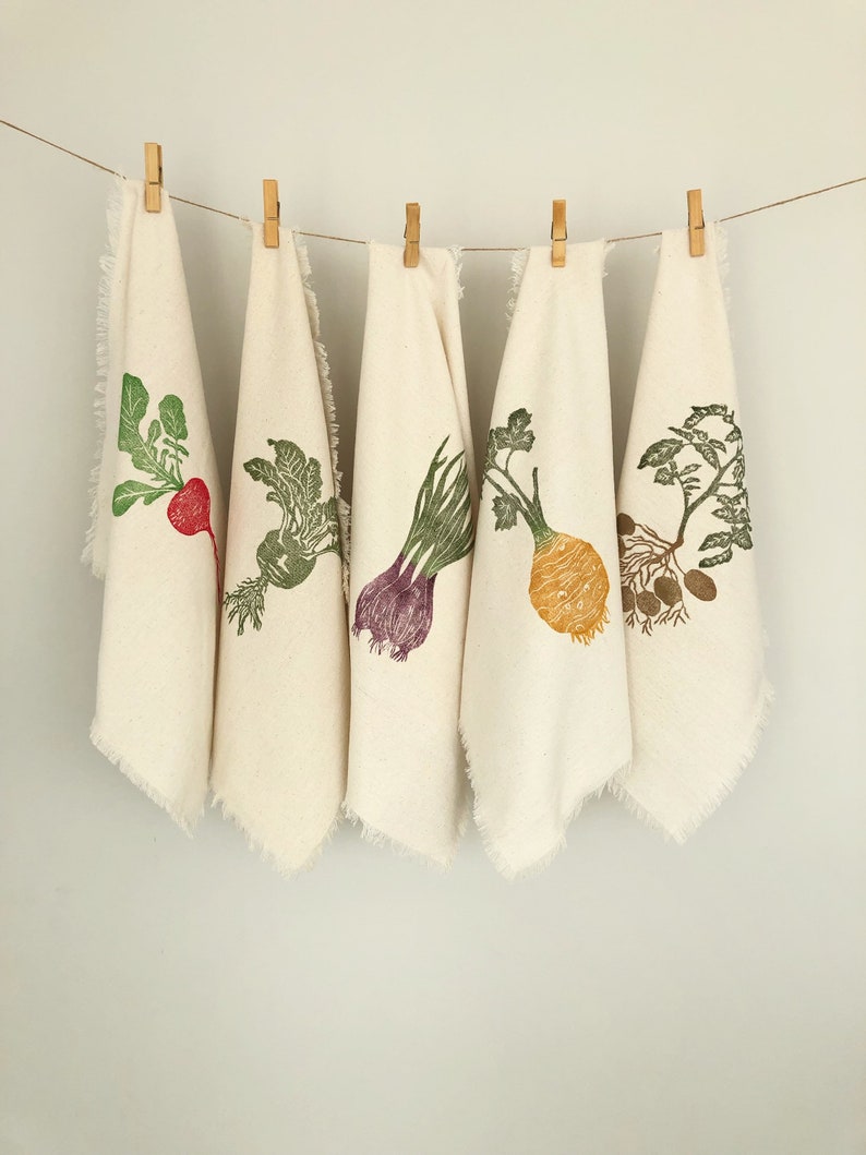 Root Vegetables Tea Towel Set, Block Printed Cotton Kitchen Decor - Etsy